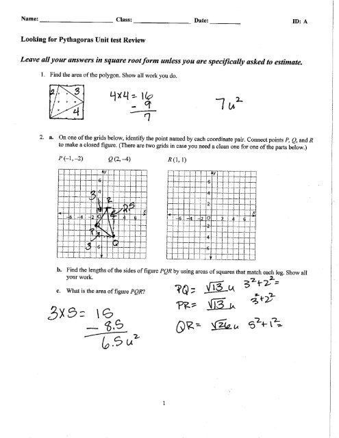 Looking for Pythagoras Unit test Review - Bellevue Christian School