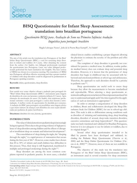 BISQ Questionnaire for Infant Sleep Assessment: translation into ...