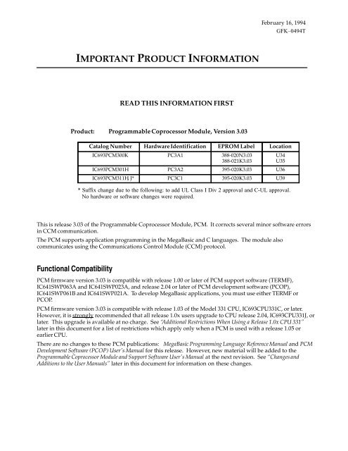 Series 90-30, Programmable Coprocessor Module, IC693PCM300K ...