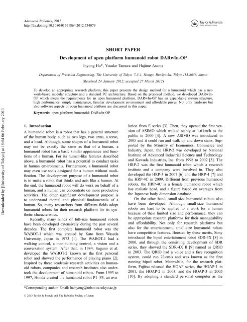 Development of open platform humanoid robot DARwIn-OP