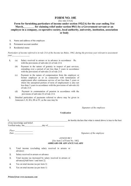 FORM NO. 10E - Income Tax Department