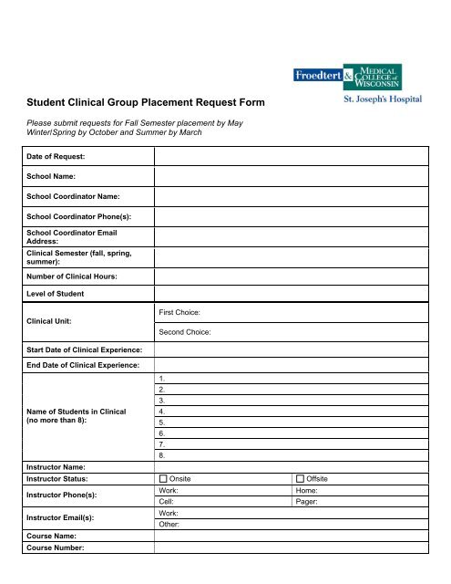 Student Clinical Group Placement Request Form - Froedtert Health