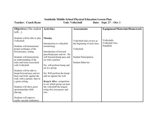 Southside Middle School Physical Education Lesson Plan Southside Middle School Physical Education Lesson Plan