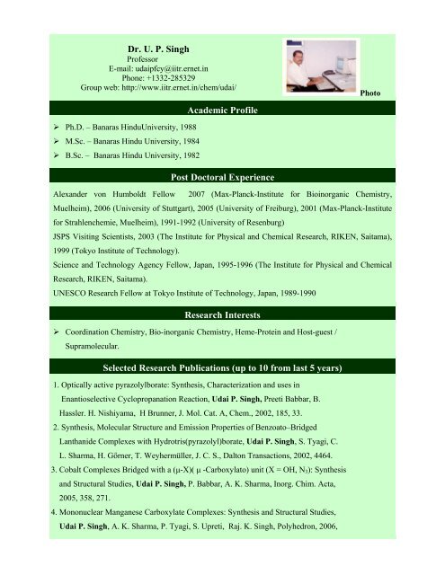 Dr. UP Singh Academic Profile Post Doctoral Experience Research ...