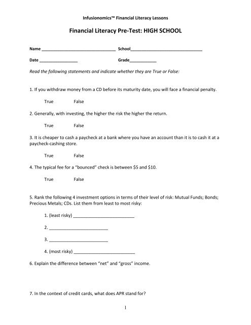 Financial Literacy Pre-Test: HIGH SCHOOL - Infusionomics