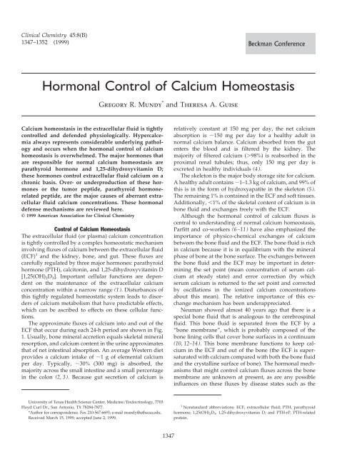 Hormonal Control of Calcium Homeostasis