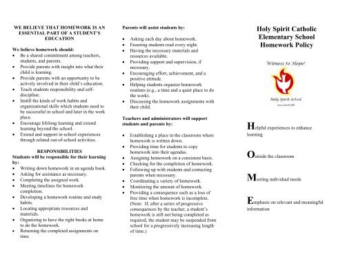 Homework Policy - Holy Spirit Catholic Elementary School