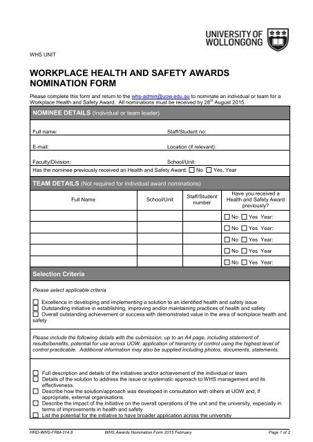 workplace health and safety awards nomination form - Staff workplace health and safety awards nomination form - Staff