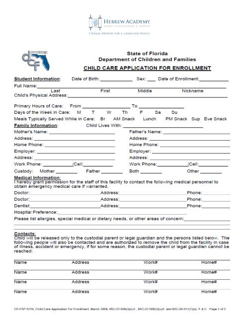 State of Florida DCF Childcare Enrollment Application Form - Rasg.org