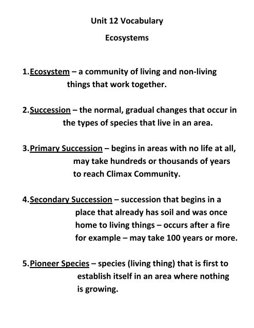 Unit 12 Vocabulary Ecosystems 1.Ecosystem â a ... - SchoolNotes