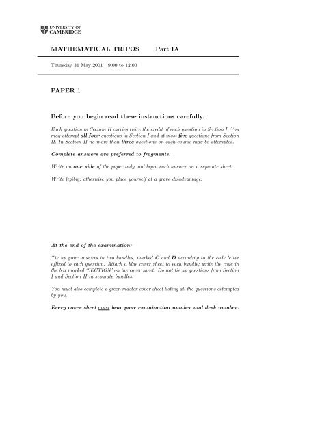 MATHEMATICAL TRIPOS Part IA PAPER 1 Before you begin read ...