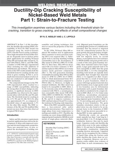 Ductility Dip Cracking Susceptibility Of Nickel Based Weld Metals