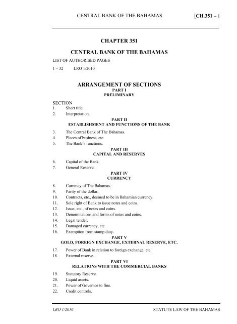 Central Bank of The Bahamas Act - The Bahamas Laws On-Line