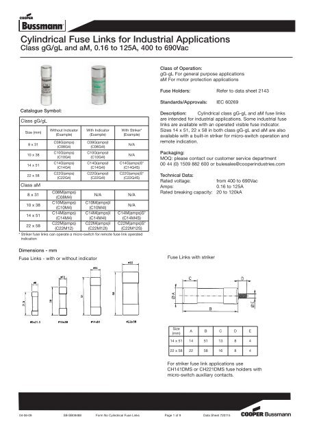 Cylindrical Fuse Links for Industrial Applications - Cooper Bussmann