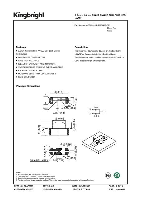 3.0mmx1.0mm RIGHT ANGLE SMD CHIP LED LAMP Features ...