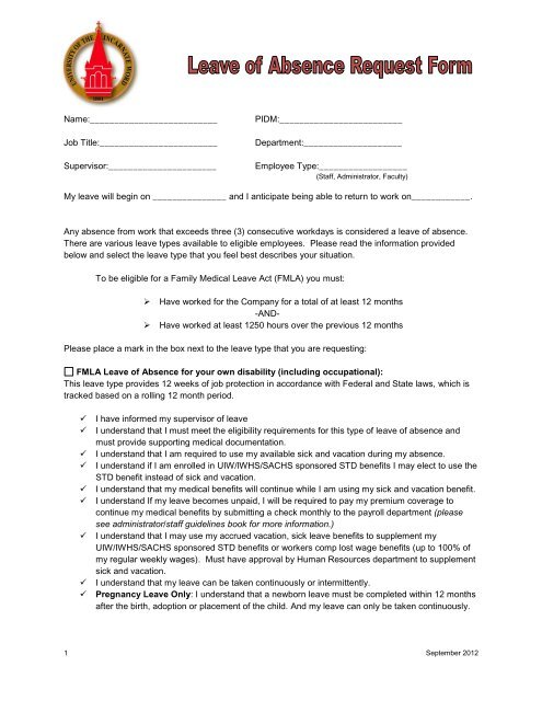 FMLA and Personal Leave of Absence Request Form