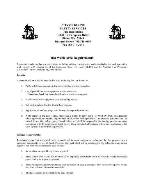 Hot Work Area Requirements 50553 - Blaine, Minnesota