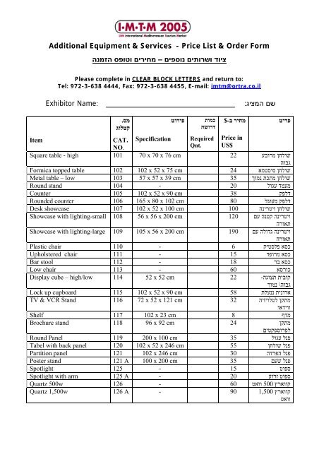 Additional Equipment & Services - Price List & Order Form ... - Ortra