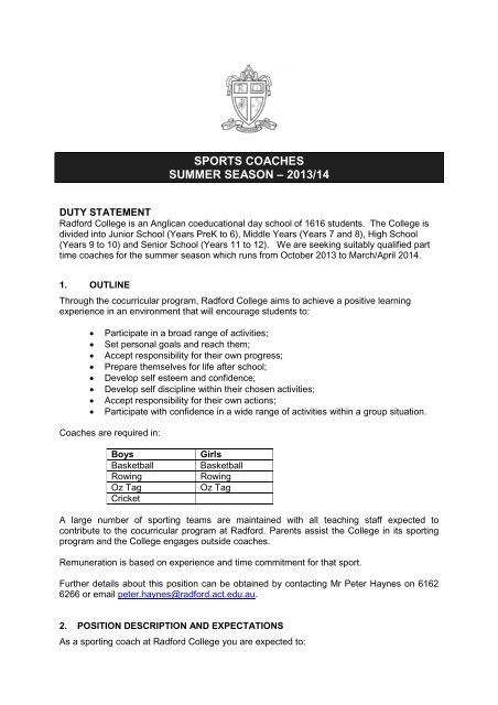 Duty Statement - Radford College
