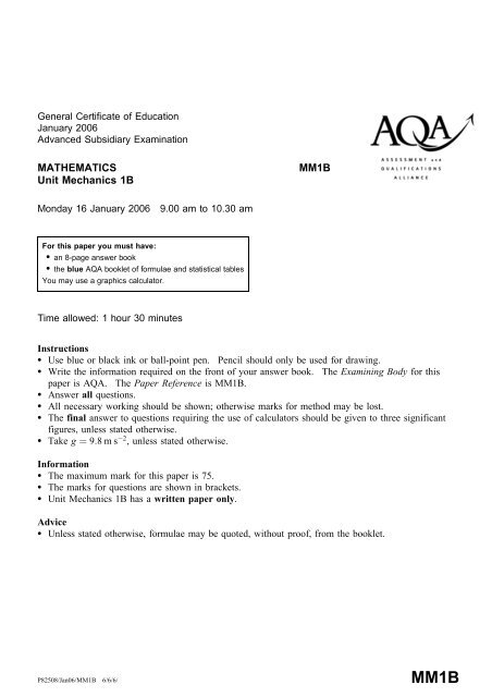 GCE Mathematics Written Question Paper January 2006