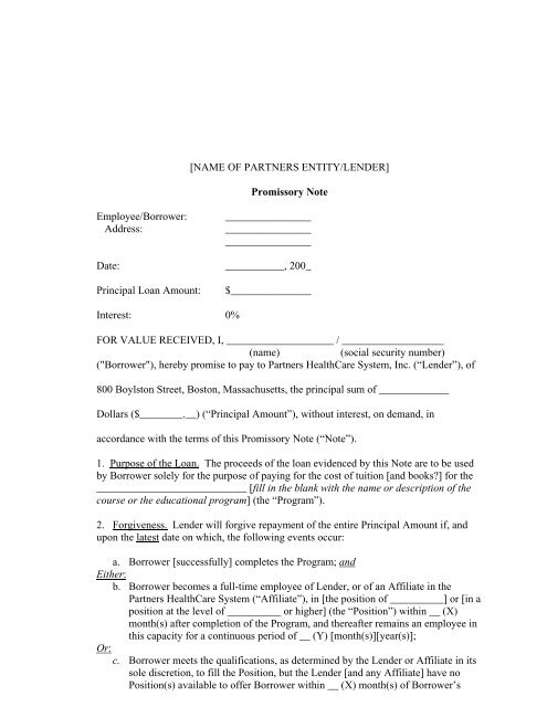 Loan Forgiveness Promissory Note - Partners HealthCare