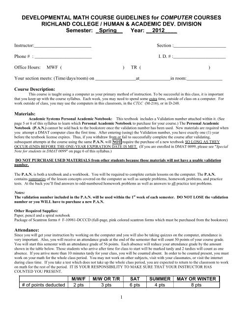 DEVELOPMENTAL MATH COURSE ... - Richland College