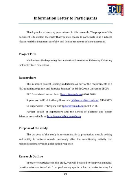 Information Letter to Participants Study 2 - Edith Cowan University
