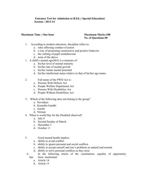 Question paper - B.Ed Special