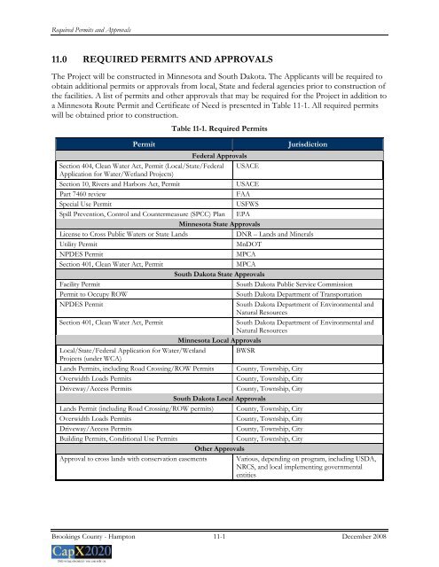11.0 REQUIRED PERMITS AND APPROVALS - CapX2020