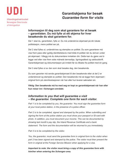 Garantiskjema for besÃƒÂ¸k Guarantee form for visits - UDI