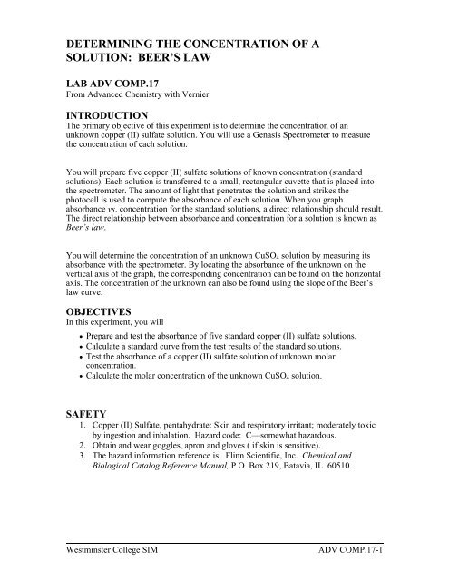 determining the concentration of a solution: beer's law - Westminster ...