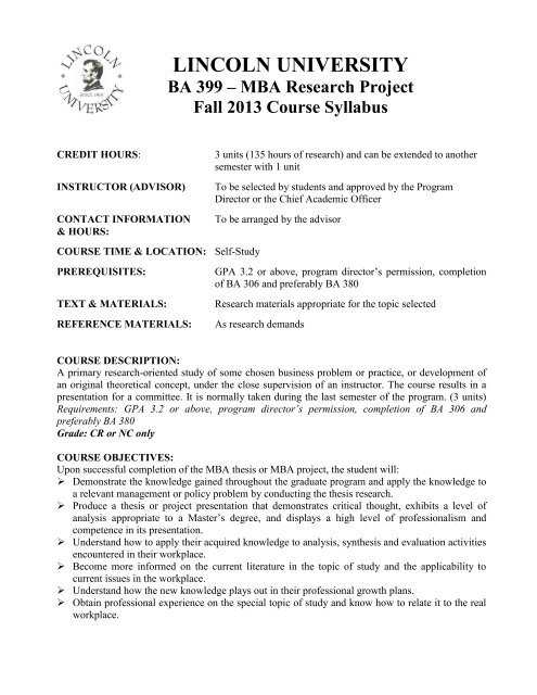 MBA Research Project - Lincoln University