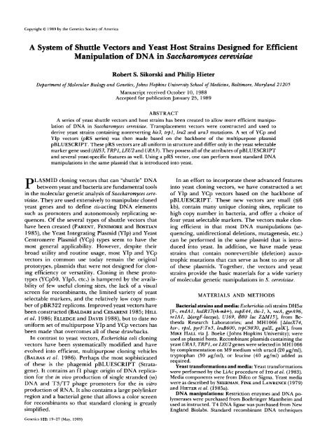 A System of Shuttle Vectors and Yeast Host Strains ... - Genetics