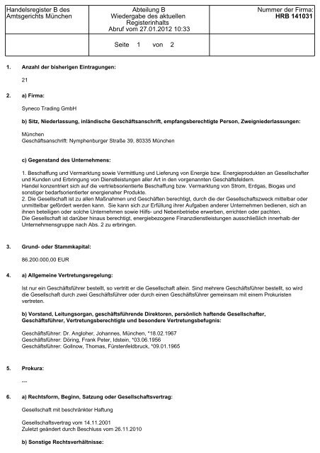 Handelsregisterauszug - Syneco