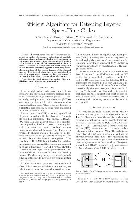 Efficient Algorithm For Detecting Layered Space Time Codes
