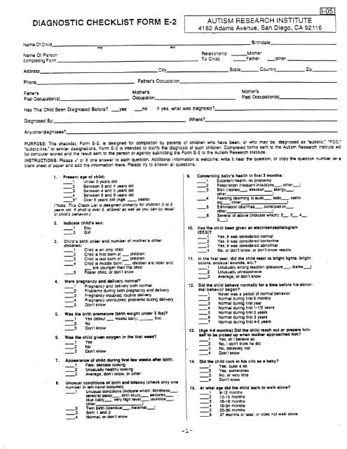 ARI's Diagnostic Checklist, Form E-2 - Autism Research Institute