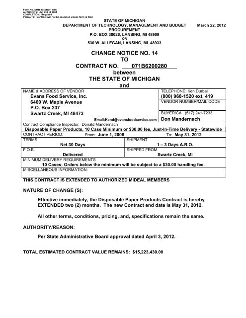 CHANGE NOTICE NO. 14 TO CONTRACT NO ... - State of Michigan