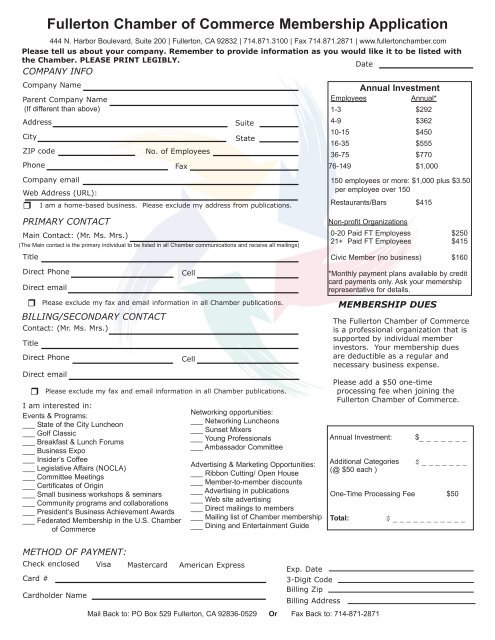 Fullerton Chamber of Commerce Membership Application