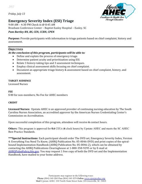 Emergency Severity Index (ESI) - South Carolina Area Health ...