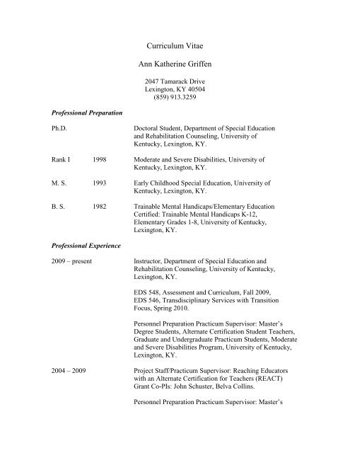 Curriculum Vitae Ann Katherine Griffen - University of Kentucky ...