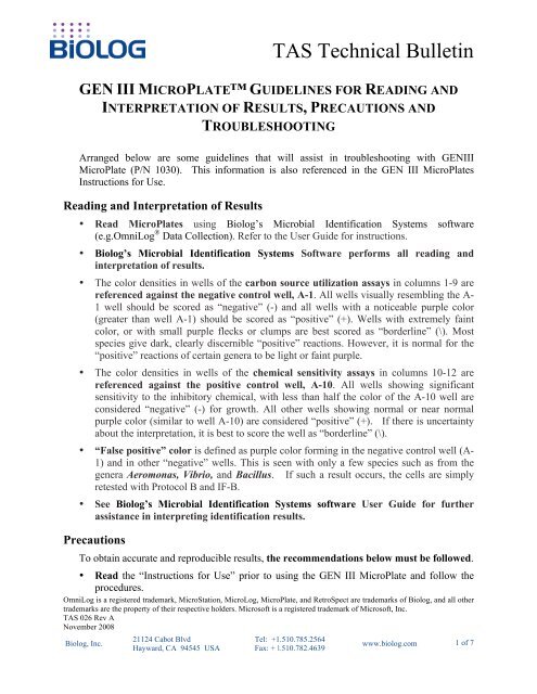 TAS 026 rA GEN III MICROPLATE™ Troubleshooting - Biolog Inc.