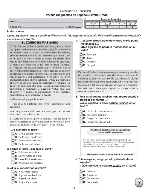 Prueba diagnóstica de Español - EQUIP123.net