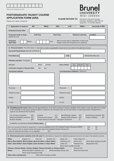 POSTGRADUATE TAUGHT COURSE APPLICATION FORM (AR2)