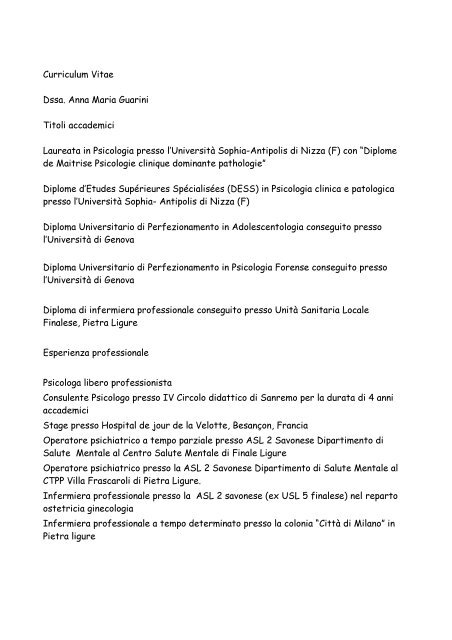 Curriculum Vitae Dssa. Anna Maria Guarini Titoli accademici ...