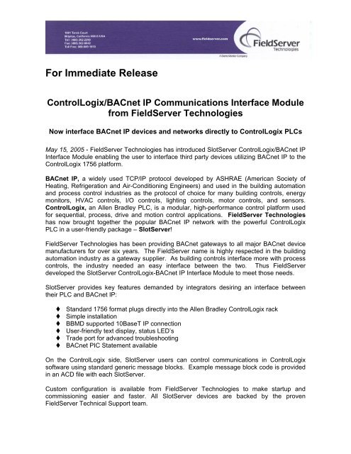 ControlLogix/BACnet IP SlotServer Introduction - FieldServer ...