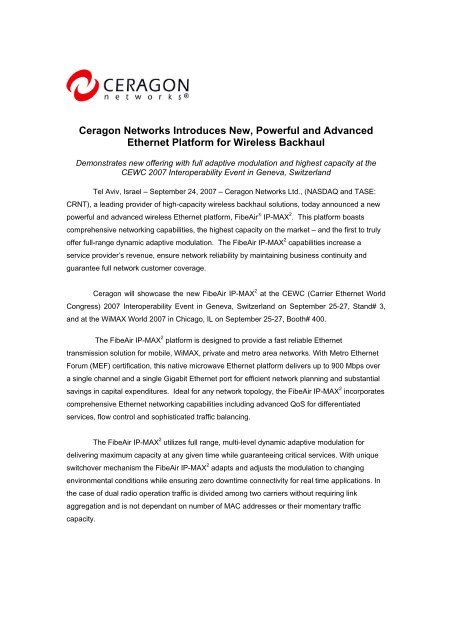 Ceragon Networks Introduces New, Powerful and Advanced ...
