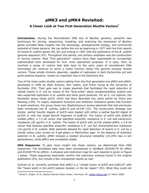 pMK3 and pMK4 Revisited: - Bacillus Genetic Stock Center