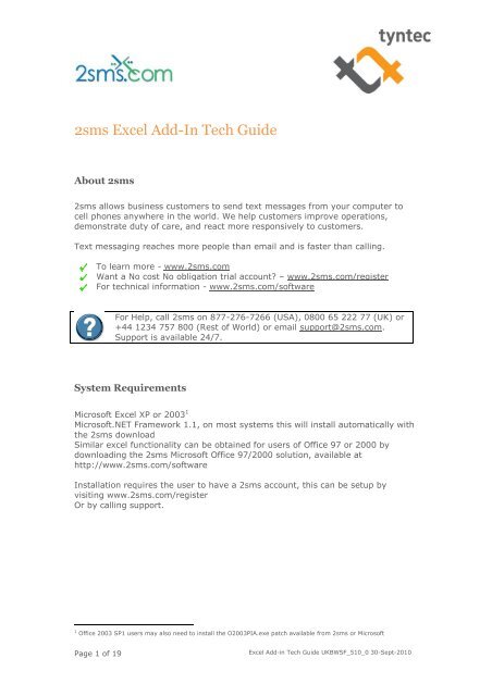 2sms Excel Add-In Tech Guide - the tyntec SMS portal