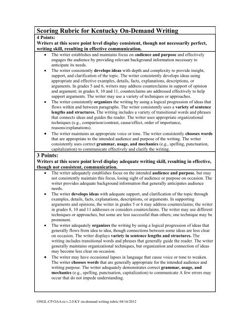 Scoring Rubric for Kentucky On-Demand Writing