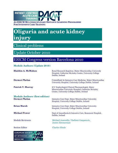 Oliguria and acute kidney injury - PACT - ESICM